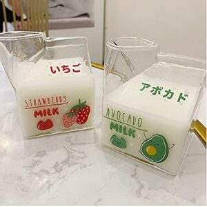 380ml Kawaii Milk Glass Cup Creative Square Clear Milk Carton Water Bottle Wholesale Cute Fruit Heat Resistant Breakfast Cups (Banana, 300-400ml)