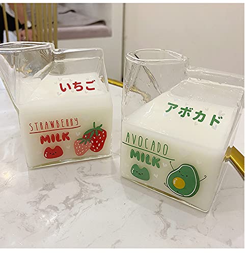 380ml Kawaii Milk Glass Cup Creative Square Clear Milk Carton Water Bottle Wholesale Cute Fruit Heat Resistant Breakfast Cups (Banana, 300-400ml)