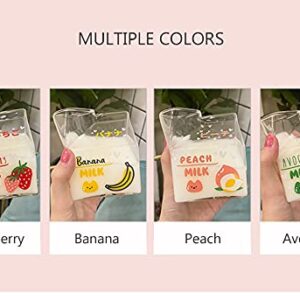 380ml Kawaii Milk Glass Cup Creative Square Clear Milk Carton Water Bottle Wholesale Cute Fruit Heat Resistant Breakfast Cups (Banana, 300-400ml)