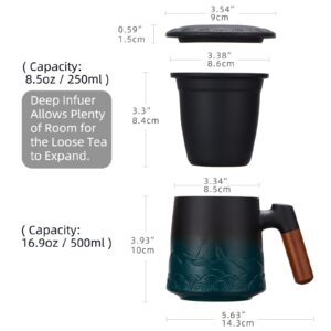 ZENS Tea Cup with Infuser and Lid, 16.8 Ounce Black & Green Gradient Embossed Large Loose Tea Mug and 13.5 Ounce Dark Green Stoneware Glazed Ceramic Tea Cup