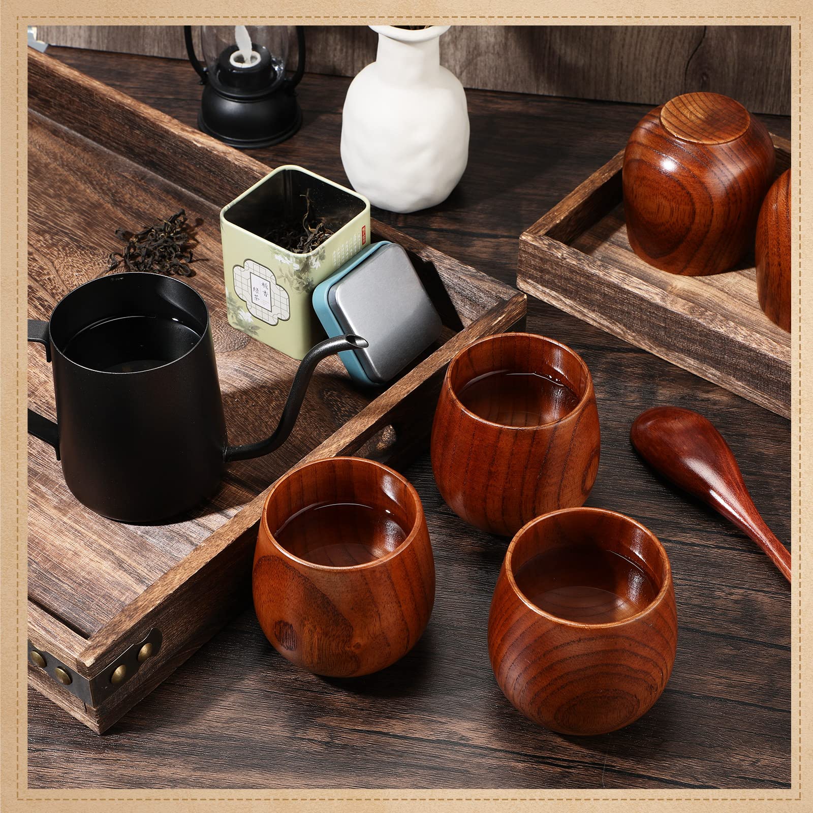 Gerrii 10 Pieces Wooden Tea Cup Wooden Coffee Mug Water Japanese Tea Cup Solid Wood Drinking Cup Teacup Glass for Wine, Beer, Milk, Hot Drinks, 6 oz