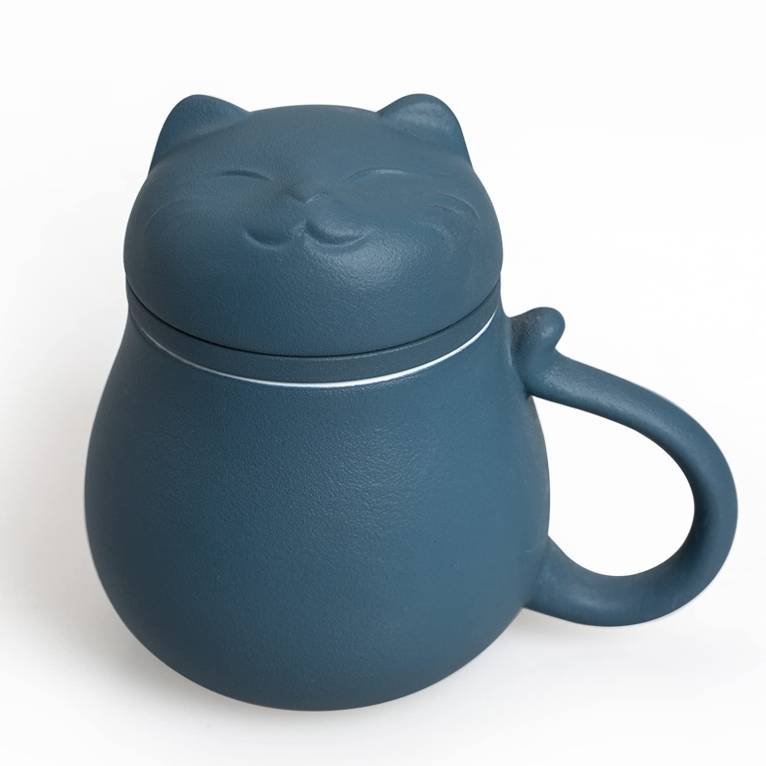 Ceramic Tea Mug with Infuser and Lid Cute Lucky Cat Design Coffee Mug with Lid Ceramic Tea Cup with Filter for Steeping Loose Leaf (Blue)