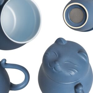 Ceramic Tea Mug with Infuser and Lid Cute Lucky Cat Design Coffee Mug with Lid Ceramic Tea Cup with Filter for Steeping Loose Leaf (Blue)