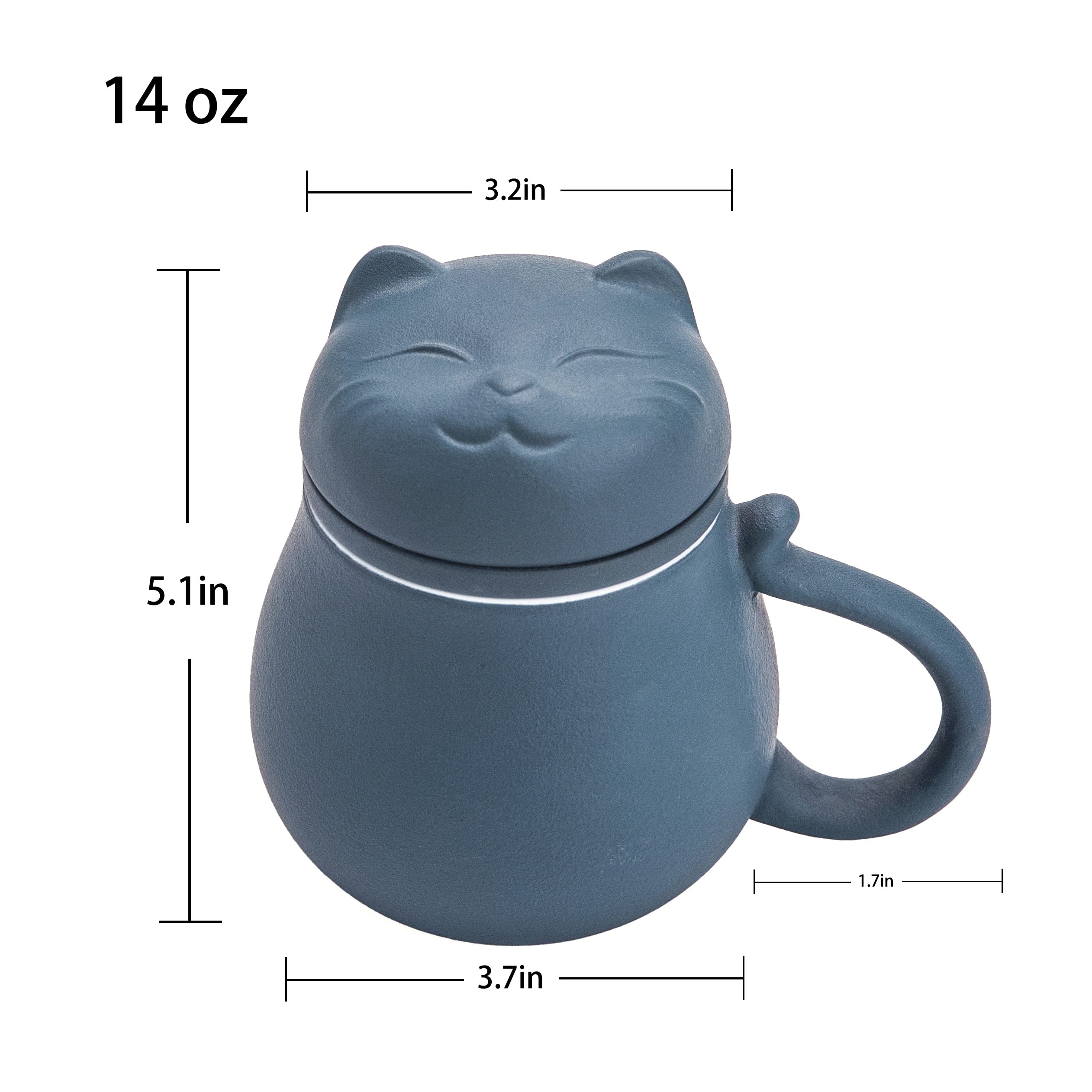 Ceramic Tea Mug with Infuser and Lid Cute Lucky Cat Design Coffee Mug with Lid Ceramic Tea Cup with Filter for Steeping Loose Leaf (Blue)