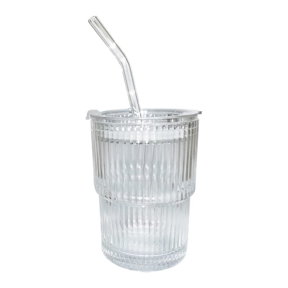 AKAVIG 1 pieces Classic Vertical Stripes Coffee Glass Cups with Lid and Straw - 14.5 Oz Ice Coffee Cup Ribbed Glassware