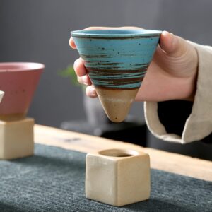 Coarse Pottery Espresso Cups with Base 6 OZ Handcrafted Creative Triangular Cone Shape Porcelain Mug Coffee Mugs for Cappuccino, Ceramic Tea Cup for Coffee Cappuccino Tea Latte Sake Milkshake Yogurt