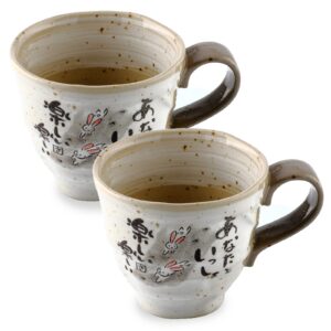 japanese mino yaki(ware) ceramic coffee mugs set of 2, japanese poem rabbit design, gray 8.8 fl oz, handmade tea cups, for tea ceremony, green tea, matcha tea, japanese cute gifts