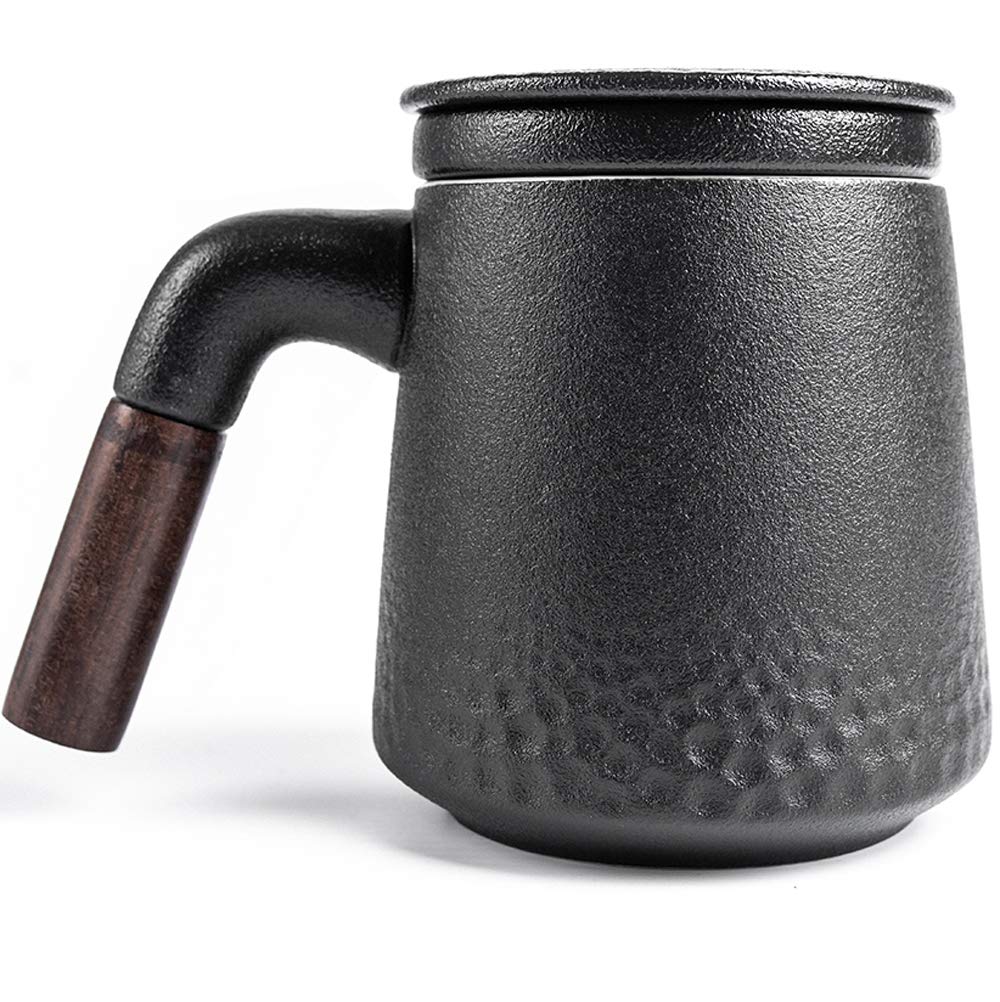 iHarbort Tea Cup with Sandalwood handle, 13 oz, Ceramic Tea Mug with Porcelain Infuser and Lid for Hot Tea or Coffee, Gift Set, 1-Pack (Matte Grey)