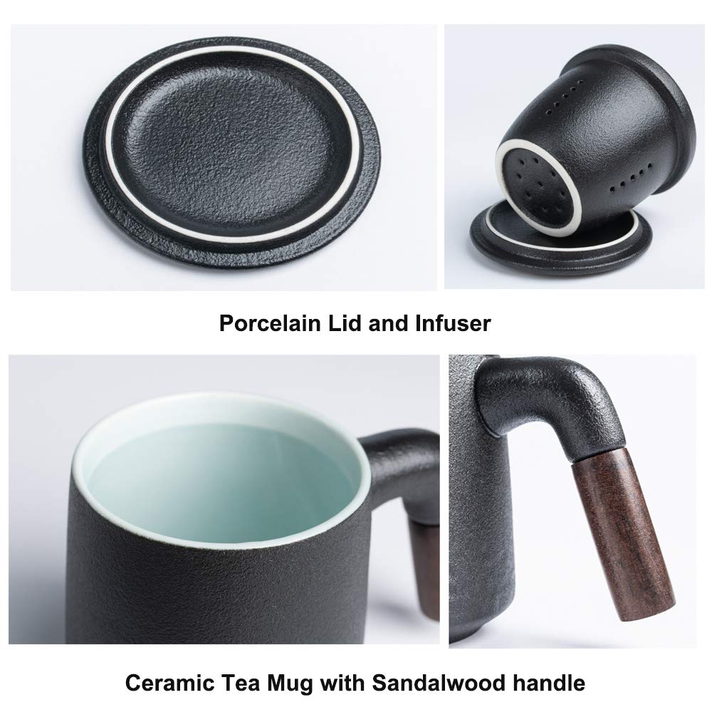 iHarbort Tea Cup with Sandalwood handle, 13 oz, Ceramic Tea Mug with Porcelain Infuser and Lid for Hot Tea or Coffee, Gift Set, 1-Pack (Matte Grey)