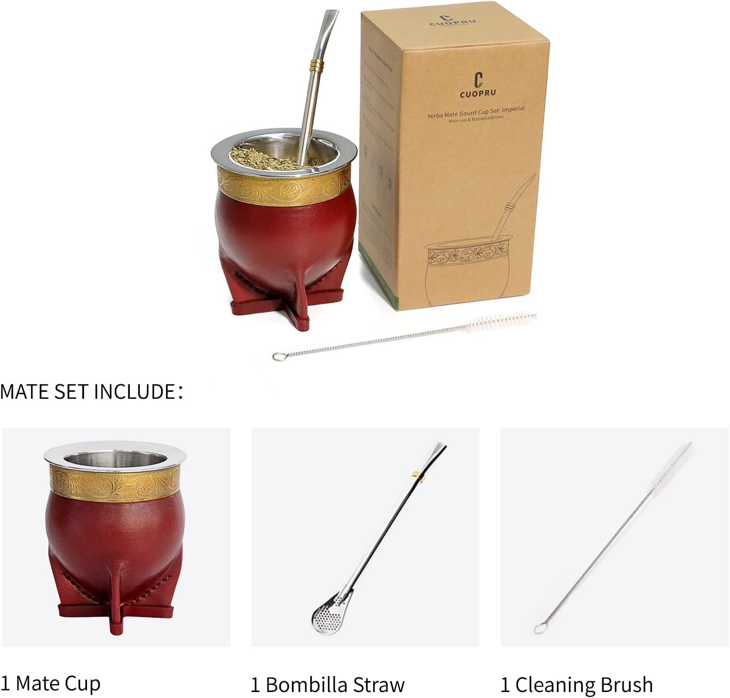 304 Stainless Steel Argentina Yerba Mate Cup With Straw Tea Gourd Mug One Bombilla Mate (Straw) a Cleaning Brush (Brown)