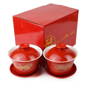 gaiwan 2 suits porcelain teacups 8oz cups chinese dragon and phoenix cover bowl saucer red tureen for wedding party (dragon phoenix)