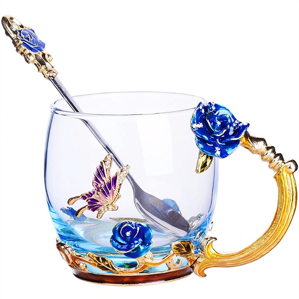 Bellairis Tea Cup with Lid, 11oz Glass Tea Cups with Spoon & Cleaning Cloth & Coaster, Enamels Butterfly Flower Coffee Mug,Gifts for Women Mom Wife Valentines Wedding Mother's Day (Blue)