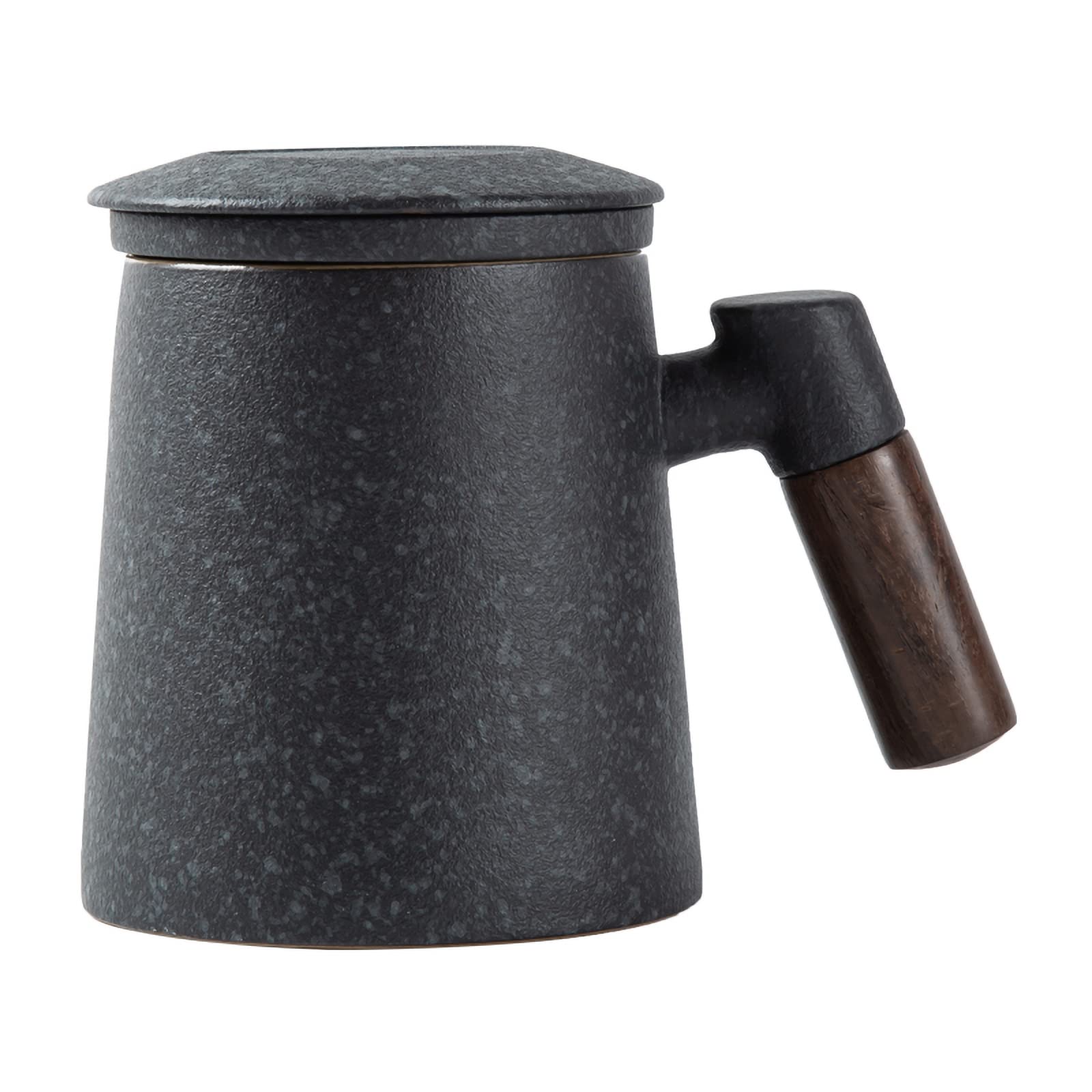 Fosenw Ceramic Tea Mug,Tea Cup with Lid,Infuser and Wooden Handle,12 oz,Bluestone