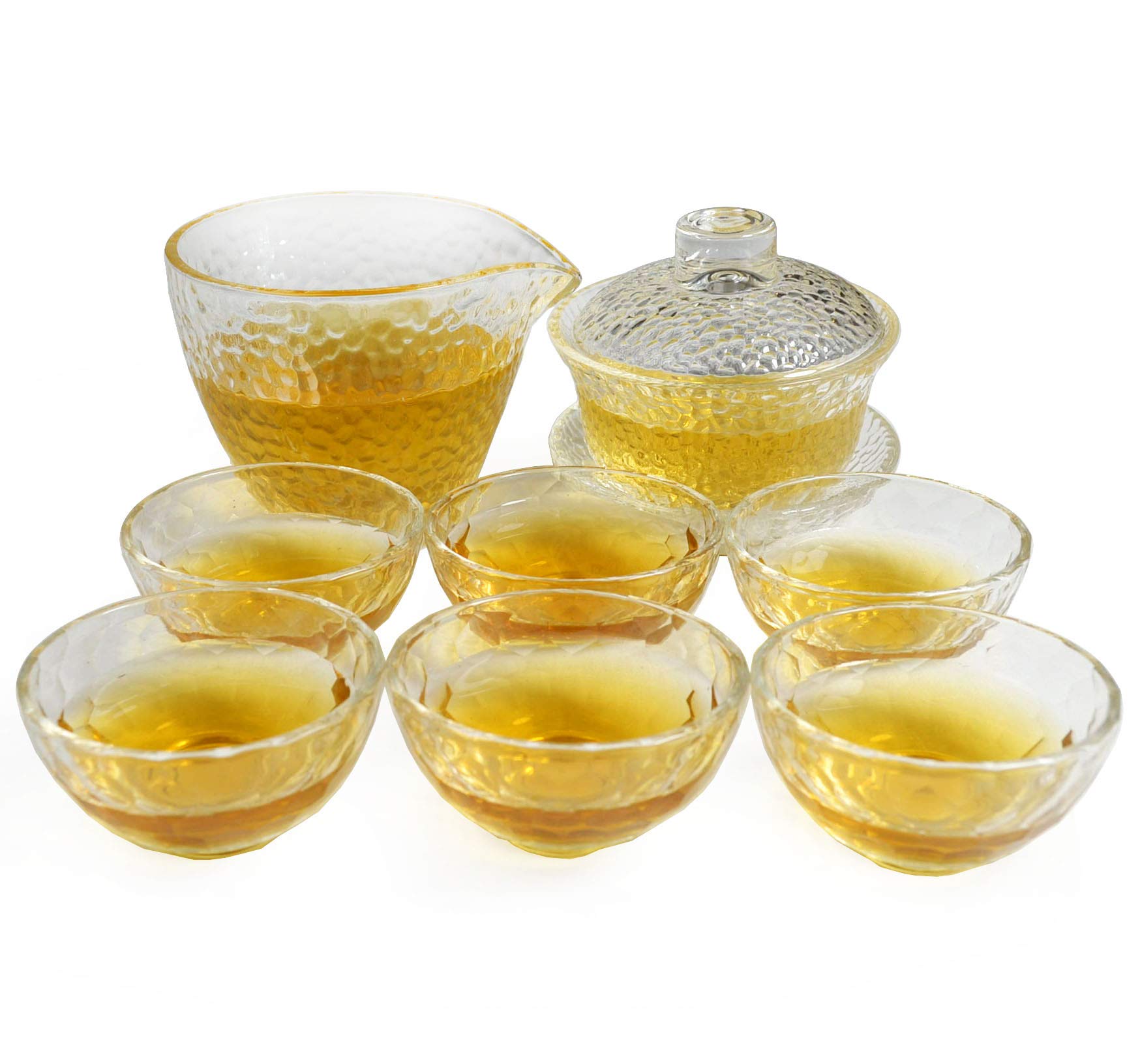 Gongfu Tea Tea Set 8pcs Gaiwan Teacup Tea Cup Clear High Borosilicate Glass Hammer Technology for Home Office