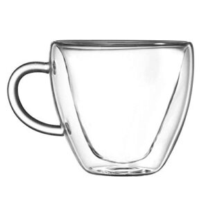 anjiyoyo heart shaped double walled insulated glass coffee mugs or tea cups, double wall glass 8 oz, clear, unique & insulated with handle