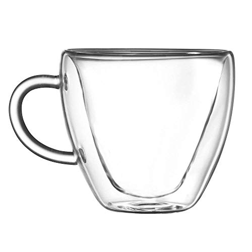 Anjiyoyo Heart Shaped Double Walled Insulated Glass Coffee Mugs or Tea Cups, Double Wall Glass 8 oz, Clear, Unique & Insulated with Handle