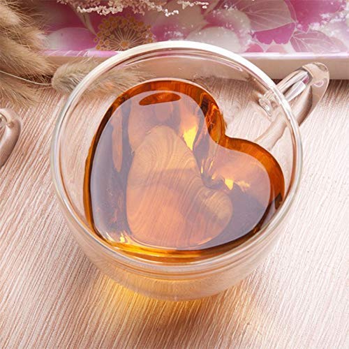 Anjiyoyo Heart Shaped Double Walled Insulated Glass Coffee Mugs or Tea Cups, Double Wall Glass 8 oz, Clear, Unique & Insulated with Handle