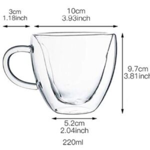 Anjiyoyo Heart Shaped Double Walled Insulated Glass Coffee Mugs or Tea Cups, Double Wall Glass 8 oz, Clear, Unique & Insulated with Handle