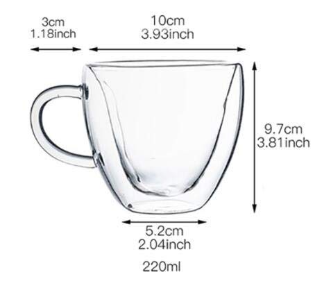 Anjiyoyo Heart Shaped Double Walled Insulated Glass Coffee Mugs or Tea Cups, Double Wall Glass 8 oz, Clear, Unique & Insulated with Handle