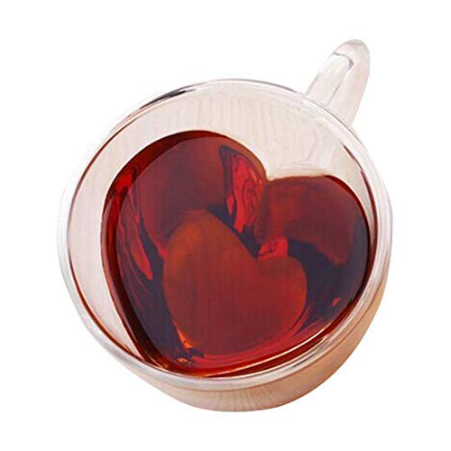 Anjiyoyo Heart Shaped Double Walled Insulated Glass Coffee Mugs or Tea Cups, Double Wall Glass 8 oz, Clear, Unique & Insulated with Handle