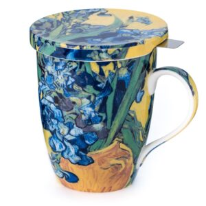 mcintosh van gogh irises fine bone china (15 oz) tea mug with lid and infuser in matching gift box