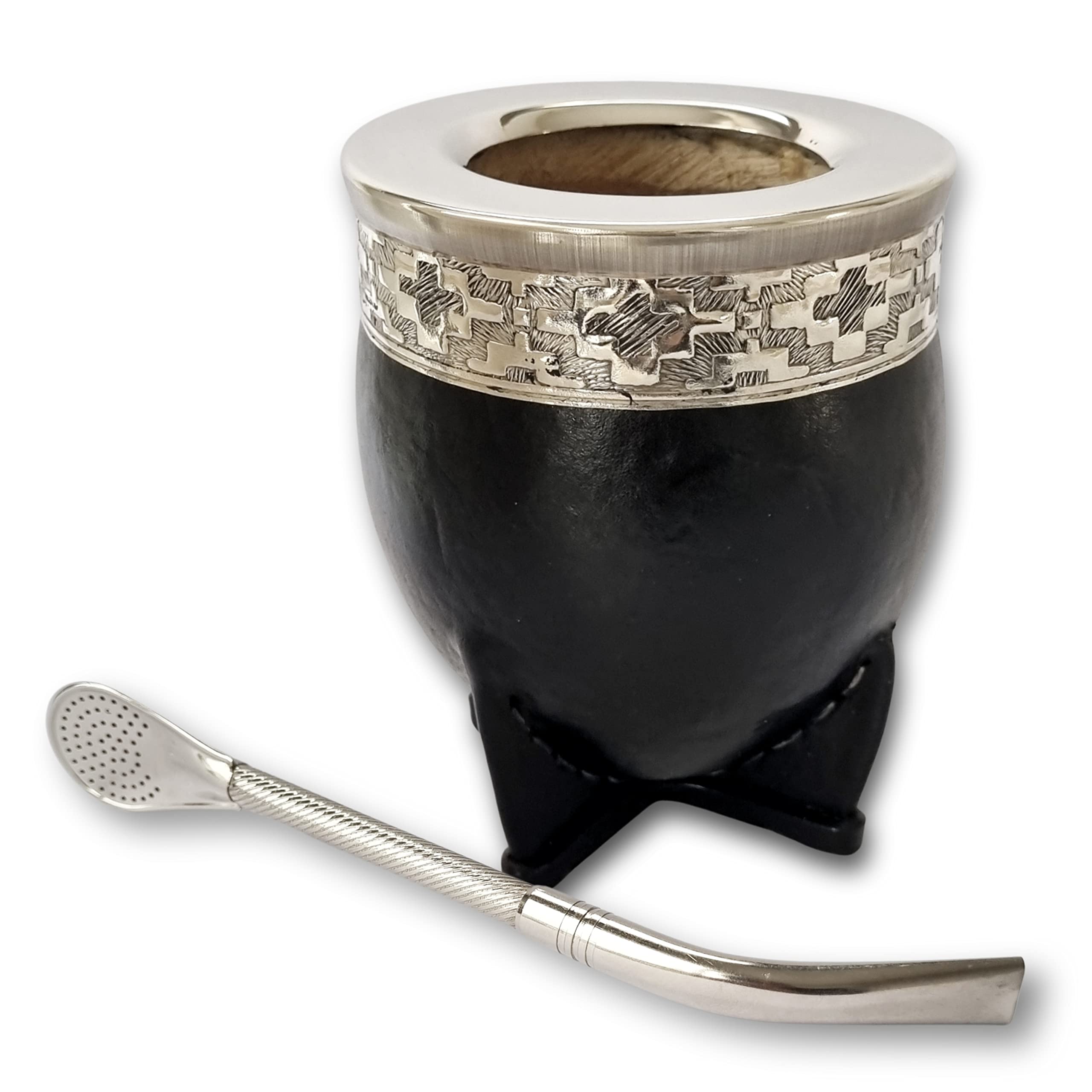 DUEVOLO - Black - Yerba Mate Gourd (Mate Cup) - Uruguayan Mate - Leather Wrapped - Includes Stainless Steel Bombilla. (Mate Imperial) - Mate Cup and Bombilla Set. (Guarda Pampa)