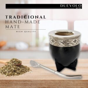 DUEVOLO - Black - Yerba Mate Gourd (Mate Cup) - Uruguayan Mate - Leather Wrapped - Includes Stainless Steel Bombilla. (Mate Imperial) - Mate Cup and Bombilla Set. (Guarda Pampa)