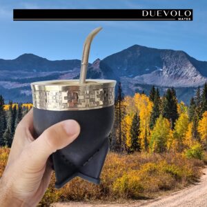 DUEVOLO - Black - Yerba Mate Gourd (Mate Cup) - Uruguayan Mate - Leather Wrapped - Includes Stainless Steel Bombilla. (Mate Imperial) - Mate Cup and Bombilla Set. (Guarda Pampa)