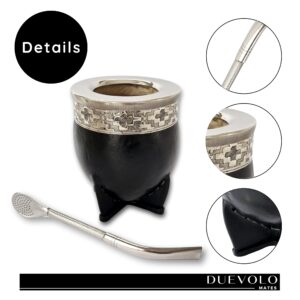 DUEVOLO - Black - Yerba Mate Gourd (Mate Cup) - Uruguayan Mate - Leather Wrapped - Includes Stainless Steel Bombilla. (Mate Imperial) - Mate Cup and Bombilla Set. (Guarda Pampa)