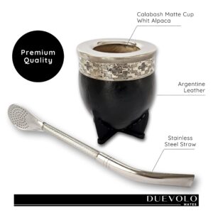 DUEVOLO - Black - Yerba Mate Gourd (Mate Cup) - Uruguayan Mate - Leather Wrapped - Includes Stainless Steel Bombilla. (Mate Imperial) - Mate Cup and Bombilla Set. (Guarda Pampa)