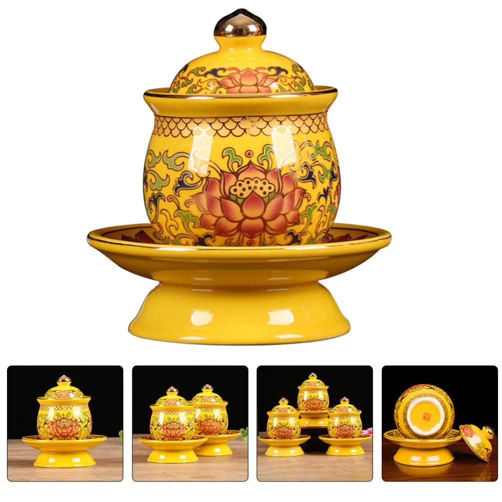 Cabilock Buddhist Water Offering Cup Holy Water Cup Ceramic Tea Cup with Tray Altar Offering Cup Buddhist Altar Supplies Offering Bowls for Altar