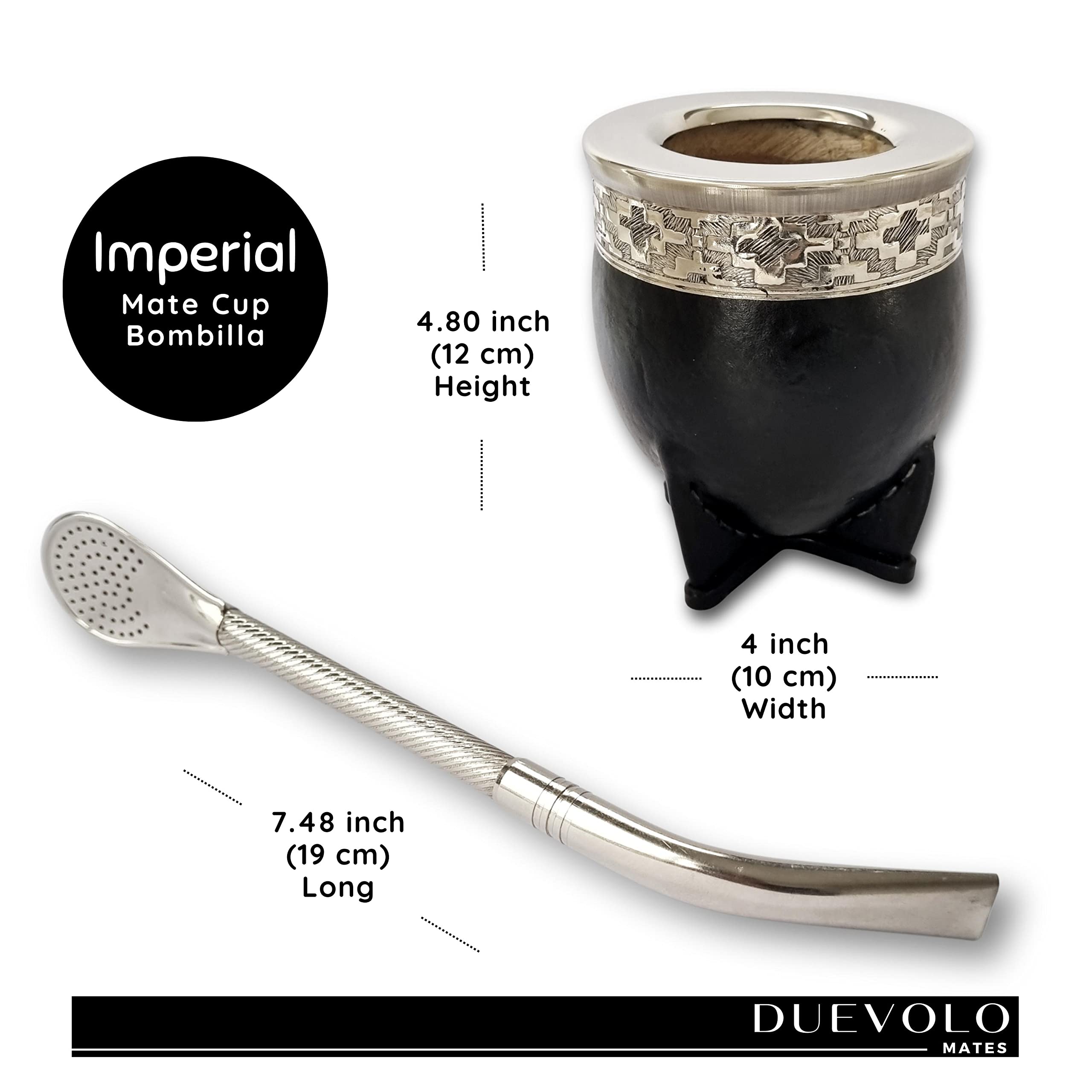 DUEVOLO - Black - Yerba Mate Gourd (Mate Cup) - Uruguayan Mate - Leather Wrapped - Includes Stainless Steel Bombilla. (Mate Imperial) - Mate Cup and Bombilla Set. (Guarda Pampa)