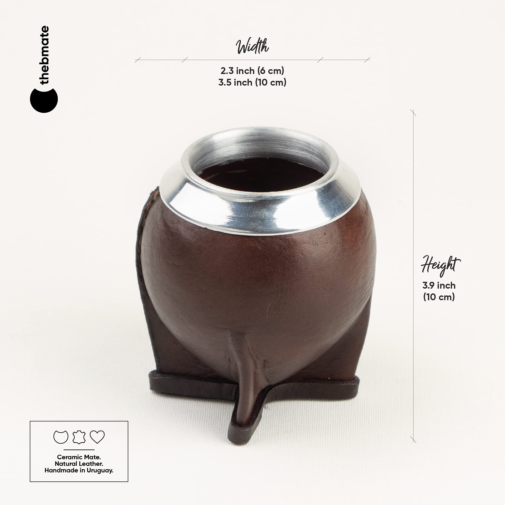 thebmate [Premium Yerba Mate Cup (Mate Gourd) - Crafted Ceramic Teacup – Dark Brown Leather Wrapped Handmade in Uruguay - Mate Torpedo - Torpedo Style