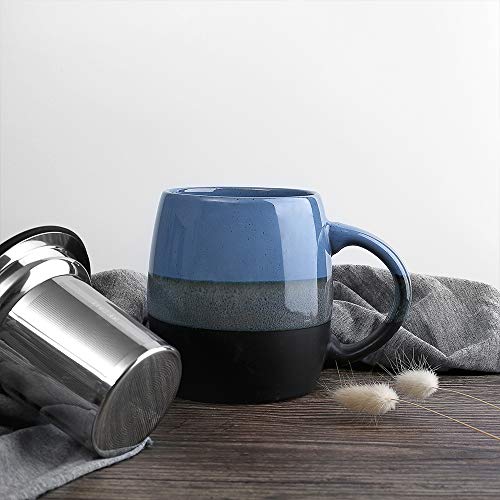 Kylimate Ceramic Coffee Mug With Lid And Infuser, Tea Cup Organizer, Stainless Strainer For Brewing Tea Leaf, Gift For Father. (Blue)