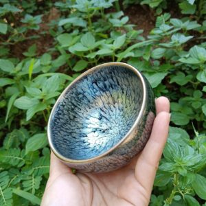 Apingjenz Bloom Tenmokus Tea Cup 130ml,Chinese Jianzhan Tea Bowl Iron Clay Natural Ore Glaze Fired in Kiln Porcelain Mug Gift Box, 9.0 x 5.0cm(3.54in x 1.97in)