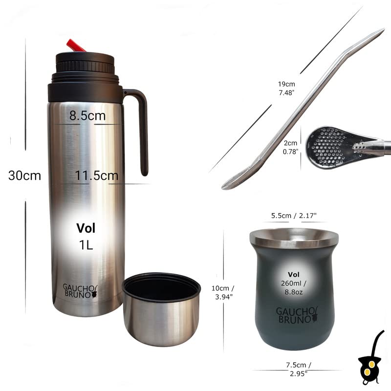 Gaucho Bruno - Stainless Steel Thermal Mate for Drinking Yerba Mate, Bombilla Straw and 1 litre Flask with Pouring Spout | Easy to Clean | Comfortable to Hold | Maintains drink temperature