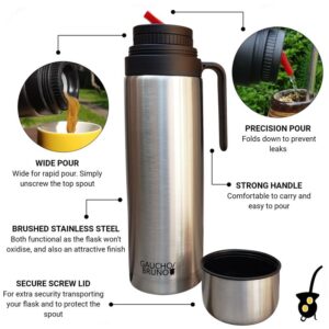 Gaucho Bruno - Stainless Steel Thermal Mate for Drinking Yerba Mate, Bombilla Straw and 1 litre Flask with Pouring Spout | Easy to Clean | Comfortable to Hold | Maintains drink temperature