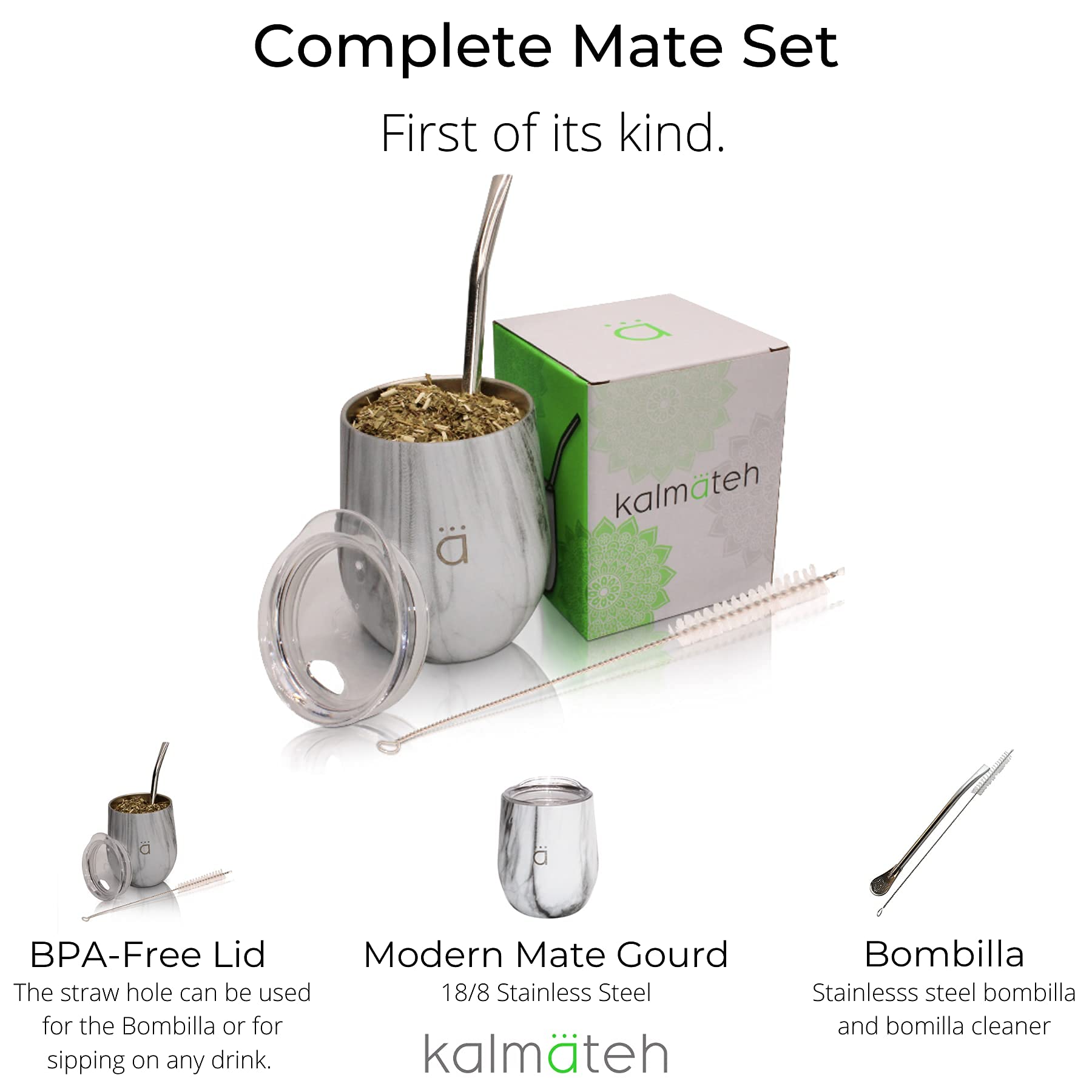 Kalmateh Yerba Mate Gourd Extra Large (12 oz) Mate Cup with BPA Free Travel Lid, Bombilla Filter Straw & Bombilla Cleaner- 18/8 Double Walled Vacuum Insulated Stainless Steel (Gold Marble)