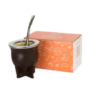 cebala | premium yerba mate cup (mate gourd set) - uruguayan mate - includes alpaca bombilla straw (nickel silver) and leather mate cup (camionero mate) (dark brown)