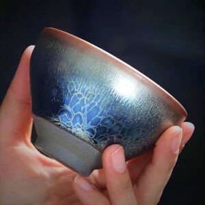 CmengAo Beautiful Jianzhan Tea Cup, 3d Silver Lotus Inlaid Ceramic Tea Cup Handmade Fancy Glaze Tenmoku Cup Chinese Kungfu Tea Cup (DragonScale)