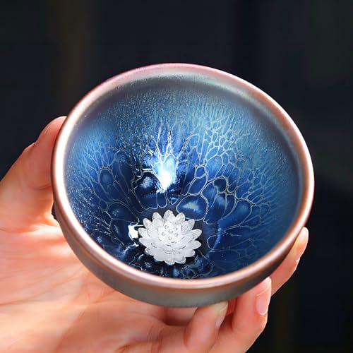 CmengAo Beautiful Jianzhan Tea Cup, 3d Silver Lotus Inlaid Ceramic Tea Cup Handmade Fancy Glaze Tenmoku Cup Chinese Kungfu Tea Cup (DragonScale)