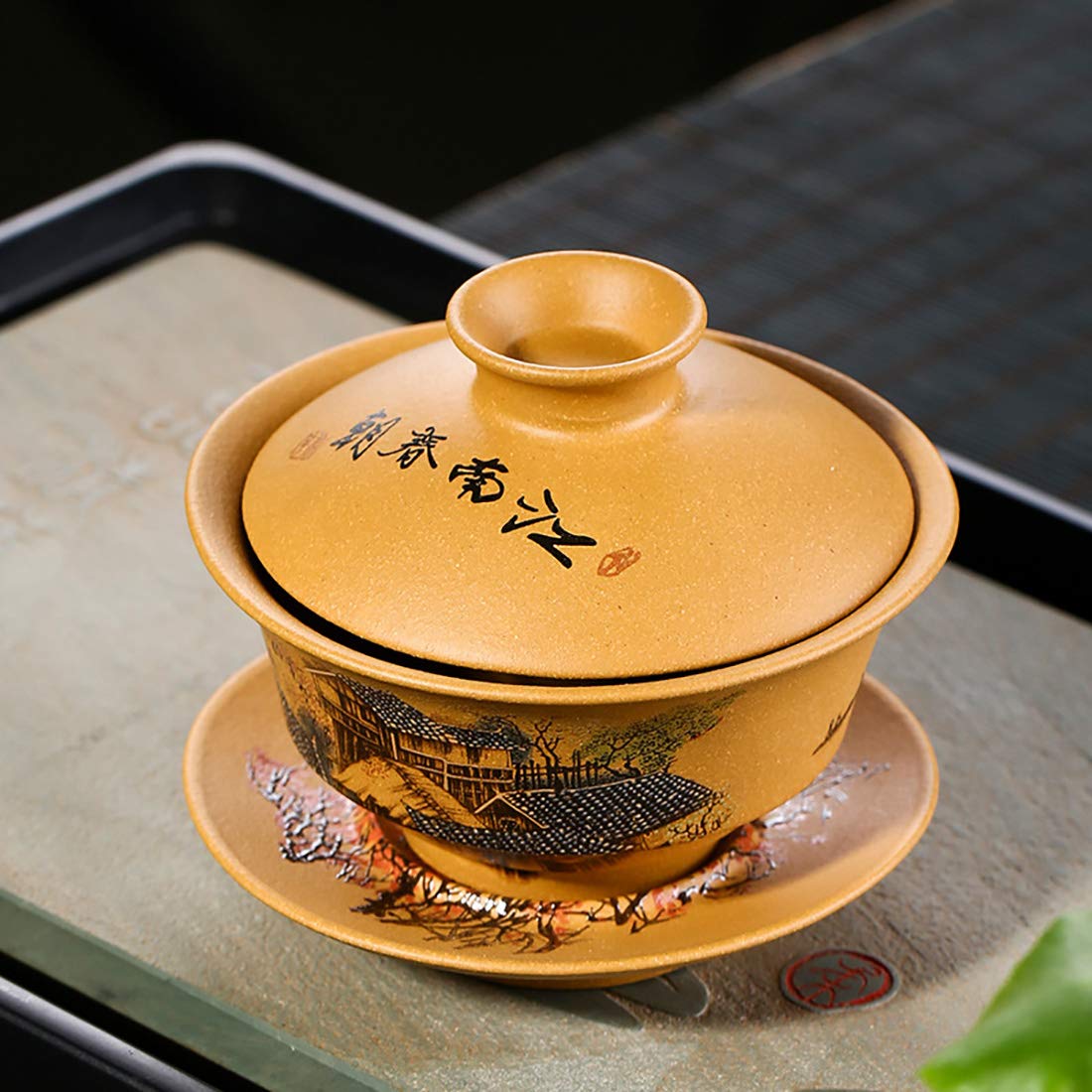 MULHUE Hand-painted yixing tea cup，Chinese Traditional Teaware Zisha Porcelain Gaiwan Kungfu Tea bowl with Lid and Saucer-135ml/4.6oz