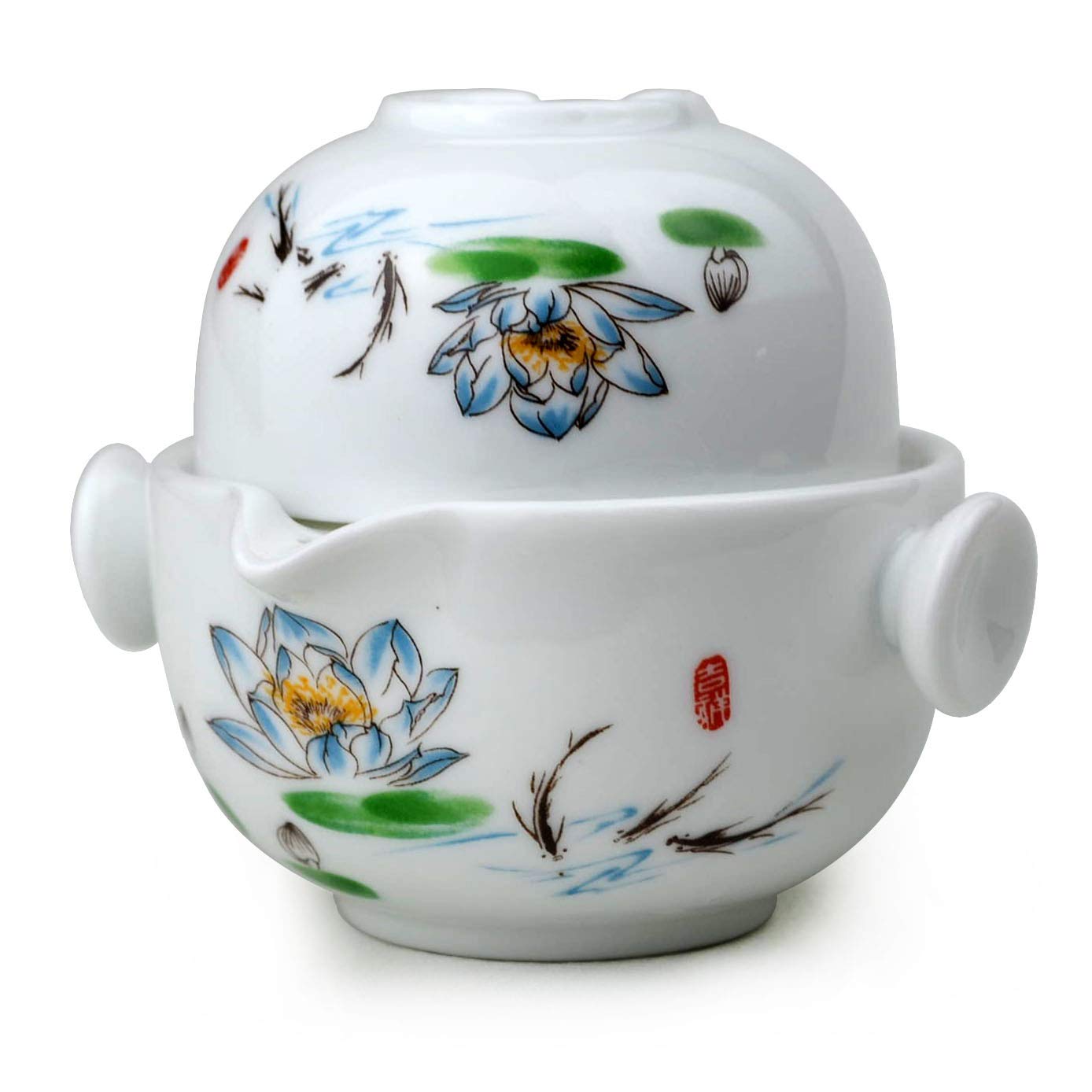 Convenient Teapot Cup Porcelain Teacup White Glazed Travel tea set (Lotus)