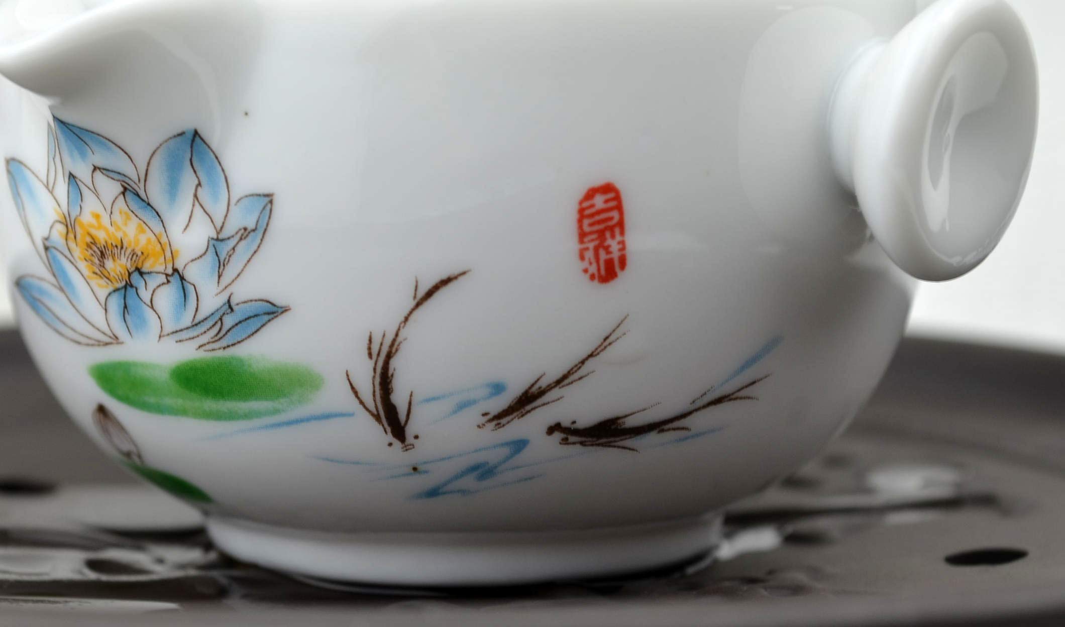 Convenient Teapot Cup Porcelain Teacup White Glazed Travel tea set (Lotus)