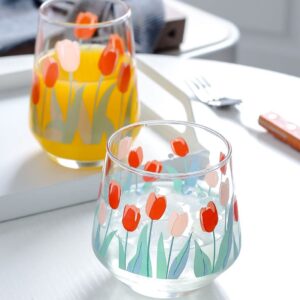 BESPORTBLE 2pcs Wine Glass cup,Tulip Flowers Decal Stemless Wine Glass for Hot Coffee or Cold Drinks-Iced Latte, Whiskey, Juice (400ml)