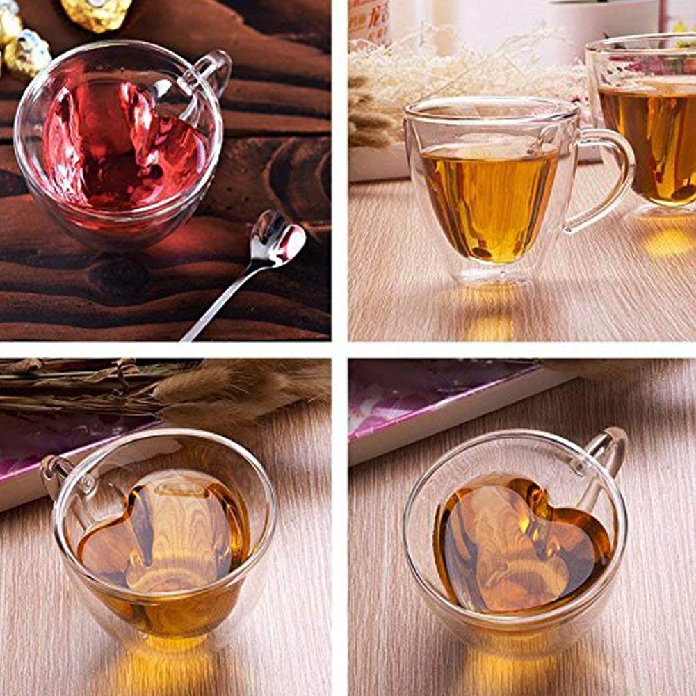 Tea Cup Heart Shaped Double Wall Insulated Clear Glass Tea and Coffee Cup 8.5 Ounces