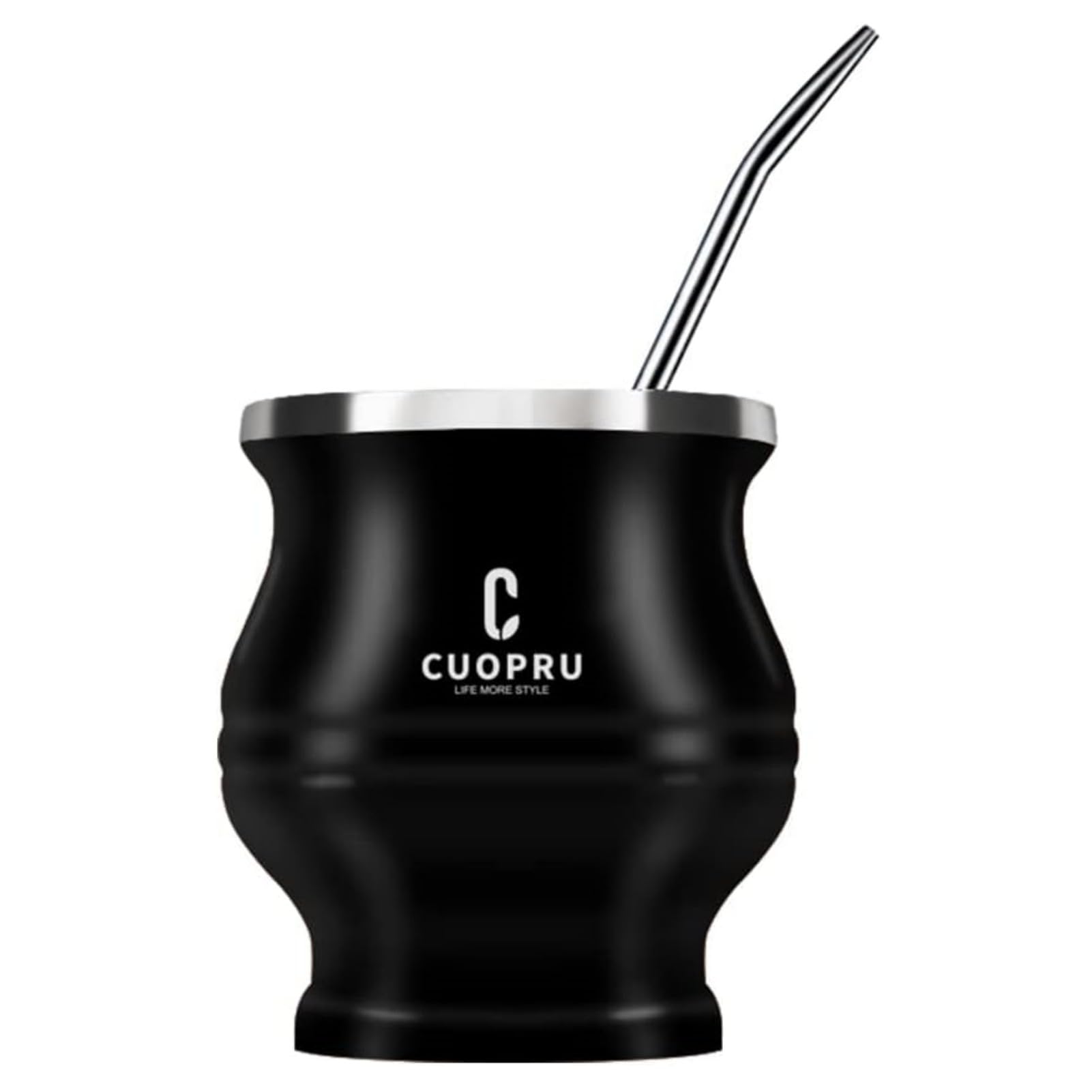 Cuopru Yerba Mate Tea Cup Double-walled Mate Cup with Straw Stainless Steel Yerba Mate Set with Bombilla Yerba Mate (Black)