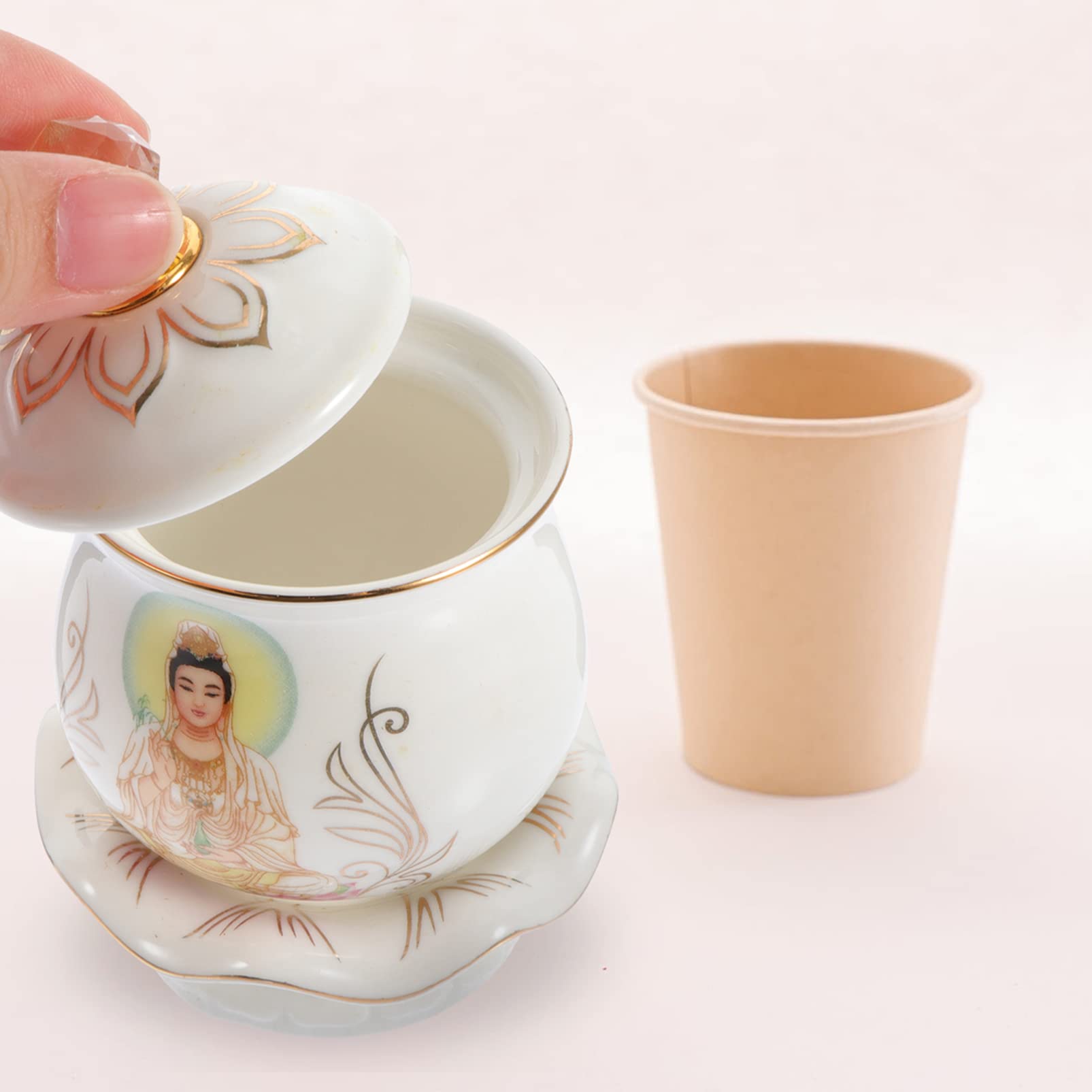 VOSAREA Buddhist Water Offering Bowl Ceramic Altar Cup Holy Water Offering Cup Guanyin Chinese Tea Cup Bowl Tibetan Buddhist Worship Cup for Yoga Meditation Supplies