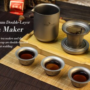 Boundless Voyage 350ml Titanium Double-Walled Tea Cups with Filter Outdoor Camping Portable Tea Maker Coffee Cup Set(Ti3105D-3 cups+tea tin)