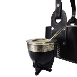 mate set premium -incluye mate imperial- matera de cuero tipo canasta-bombilla de alpaca (negro)